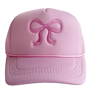 HENWASAI Womens Bow Embroidered Trucker Hat Trendy Mesh Baseball Cap Adjustable Snapback Cap Summer Girls Rope Hat (Pink)