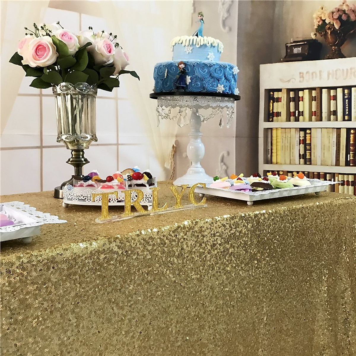 Trlyc 70x120 Rectanglular Gold Wedding Sequin Table Cloth Seamless Sequin Tablecloth for Wedding