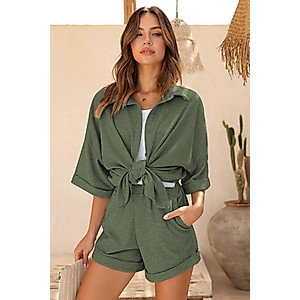 Ekouaer Waffle Knit Lounge Sets for Women Short Sleeve Pajamas Button Down Pjs Oversized Loungewear Shorts Set