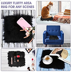 Molain 25 cm Fluffy Rug Faux Fur Carpet Baby Photoshoot Props Holder Small Mini Square Rugs for Bedroom Livingroom Photography Photo Under Nail Mat Table Locker Desk Chair Pad Cover (Black)