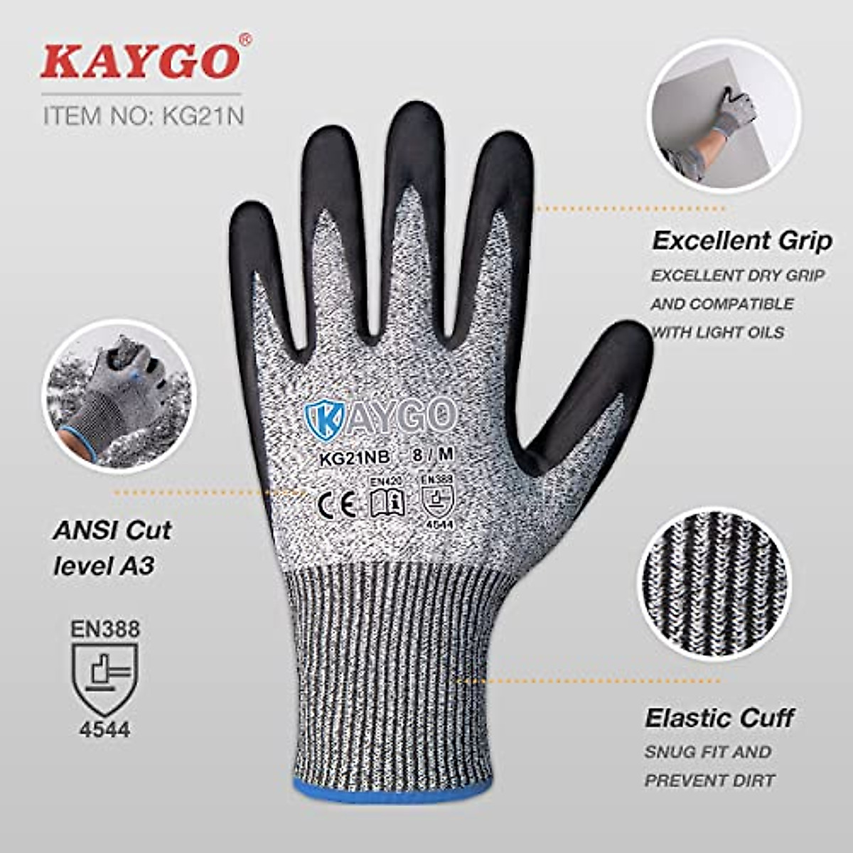 Cut Resistant Gloves, MicroFoam Nitrile Coated, ANSI Cut level A3,Superior Grip Performance,Durable, Safety Work Gloves For Men and Women, Ideal for General Duty Work, KG21NB, 2 Pairs Grey, Large