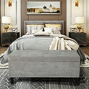 Homebeez Storage Ottoman Bench Tufted Foot Rest Stool with Nailhead Trim (Light Gray)