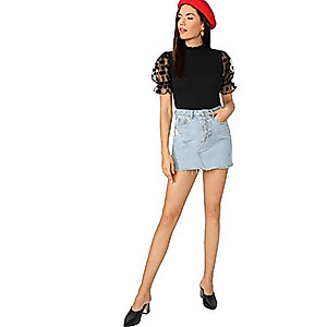 Romwe Women's Summer Short Sleeve Mock Neck Casual Blouse Tops Mesh Black Small