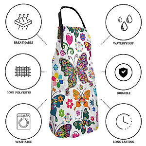 Kawani Colorful Butterflies and Flowers Apron Cute Art Adjustable Apron With 2 Pockets Abstract Aprons For Women Men Suitable For Kitchen Cooking Painting Grilling 28x33 Inch
