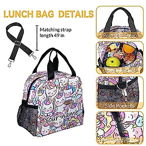 Personalized Unicorn Backpack with Lunch Box Set for Girls Boys, 3 in 1 Primary Middle School Backpacks Matching Combo, Large Capacity, Durable, Lightweight, Pink Bookbag and Pencil Case Bundle