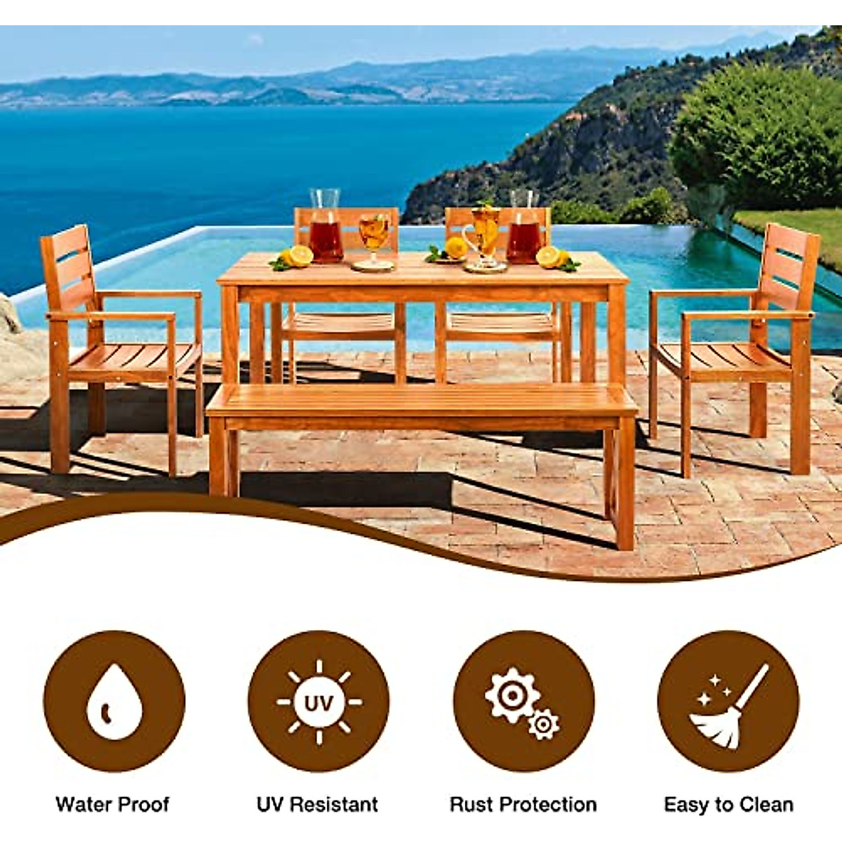 YOLENY 6 Piece Patio Dining Set, Teak Solid Wood, Indoor and Outdoor Wooden Furniture Sets for Backyard, Porch, Lawn, and Garden