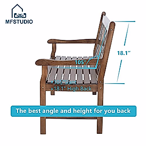 MFSTUDIO Outdoor Acacia Wood Garden Bench with Backrest and Armrest,2-Person Slatted Seat Bench Patio Furniture for Porch,Park,Yard,Weight Capacity 600 lbs(Brown)