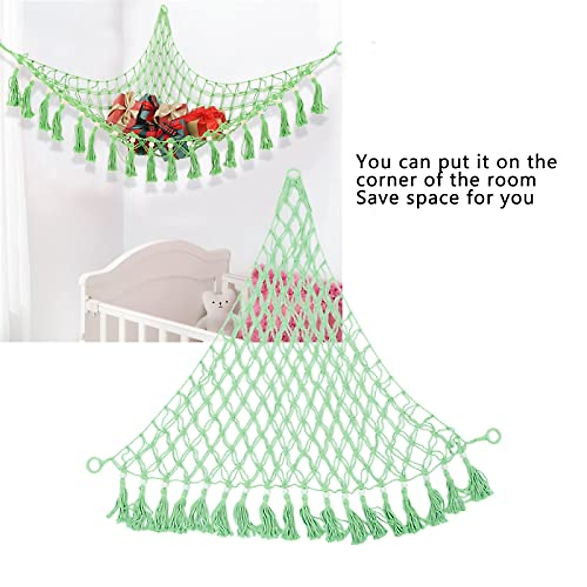 Toy Storage Hammock Tassel Sturdy Cotton Rope Stuffed Animal Storage Net Fruit Green