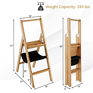 COSTWAY 3 Step Bamboo Ladder, Folding Step Stool with Storage Bag, High Handrail and Wide Pedal, Multi-Use & Space-Saving Lightweight Portable Stepping Stool for Home, Kitchen and Office