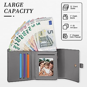 Small wallet for women RFID Trifold Ladies Wallets Vegan Leather Womens Wallet with ID Window Zipper Coin Pocket (grey white)