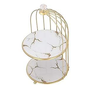Syrisora Double Layer Storage Shelf Bird Cage Organizer Display Rack for Bathroom Countertop Dressing Table Gold Frame (White Base Gold Pattern)