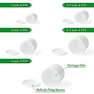 Pack of 20 Plastic Plant Pots (4 Set of 2 Inch, 2.5 Inch, 3 Inch, 3.5 Inch, 4 Inch) Small Garden Planter Pots for Plant with Drainage Holes and Saucers, White Color, 74-U-XS-1
