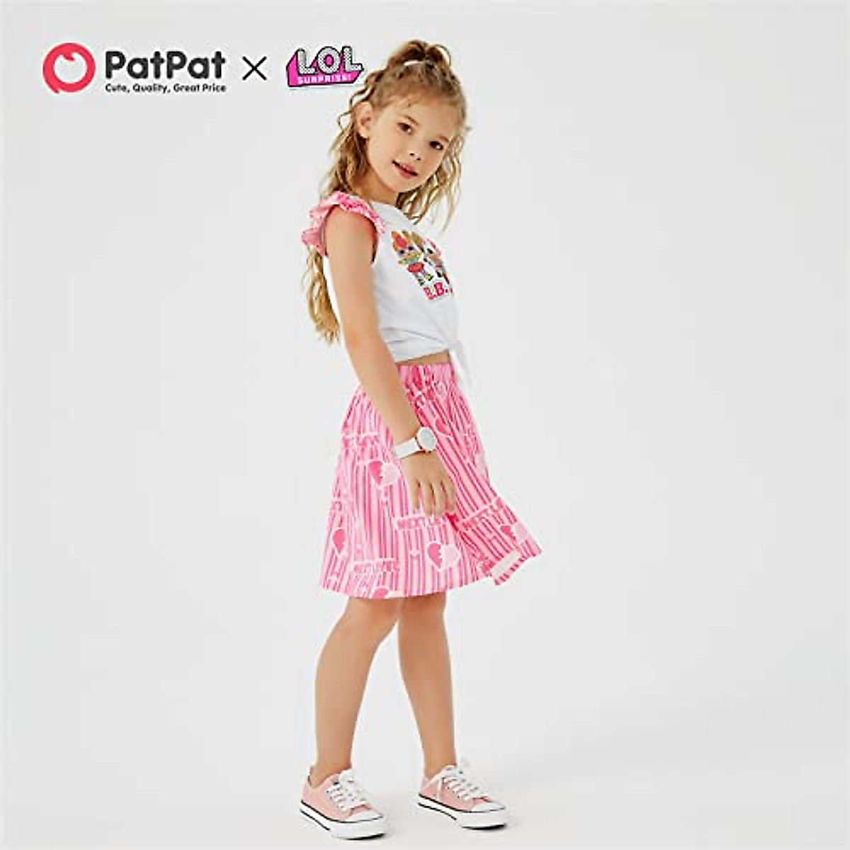 L.O.L. Surprise! Girls Skirt Set 2Pcs Kid Girl Graphic Print Tie Knot Ruffle Sleeve Cotton Tee and Allover Print Skirt Set PinkyWhite 9-10 Years
