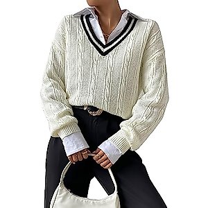 Verdusa Women's V Neck Striped Drop Shoulder Long Sleeve Sweater Knit Tops Pullover White Medium