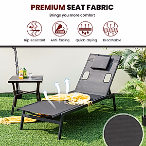 Giantex Patio Chaise Lounge Chair - Outdoor Lounge Chaise with Face Hole, Detachable Head Pillows, 5-Position Adjustable Tanning Chair for Poolside, Yard, Deck, Outside Sunbathing Chair (1, Black)