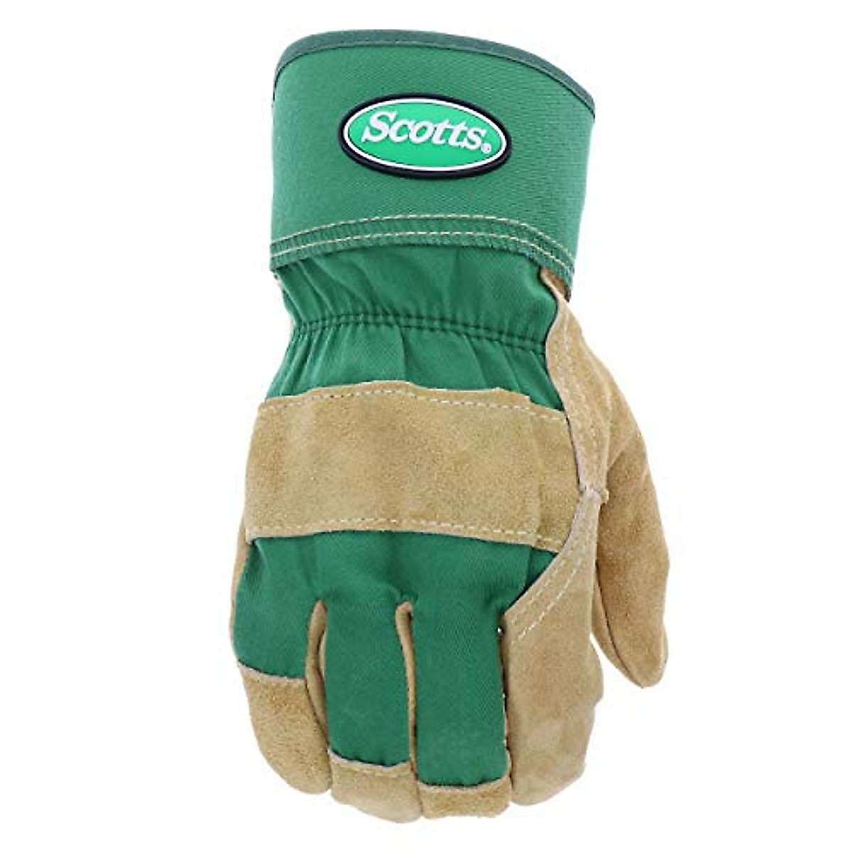 Scotts Men's Durable Split Cowhide Leather Palm Work Gloves, Abrasion Resistant, Safety Cuff, Padded Knuckle, Green/Yellow, Large, (SC75525/L)