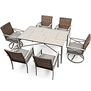 YITAHOME 7-Piece Patio Dining Set, Outdoor Wicker Conversation Furniture with 2 Rocking Chairs, Soft Gray Cushions and Imitation Wood Grain Dining Table for Backyard, Balcony and Garden