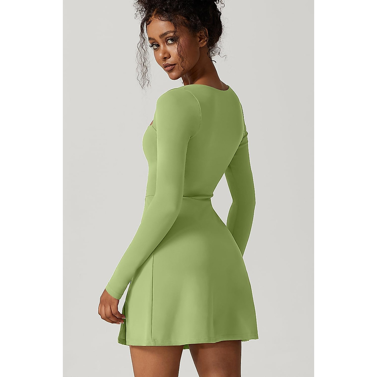 QINSEN Womens Light Green Mini Dress Long Sleeve Square Neck Side Slit Tennis Dresses L