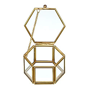 Hipiwe Glass Vintage Jewelry Box - Golden Geometric Jewelry Display Organizer Keepsake Box Case Home Decorative Box for Storage Trinket Ring Earring Chest (Small)