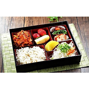 JapanBargain 1591, Red and Black Japanese Traditional Plastic Lacquered Lunch Bento Box 6 Compartments for Restaurant or Home Tray and Plate 2pc Set Made in Japan, 11.75"x9.5"