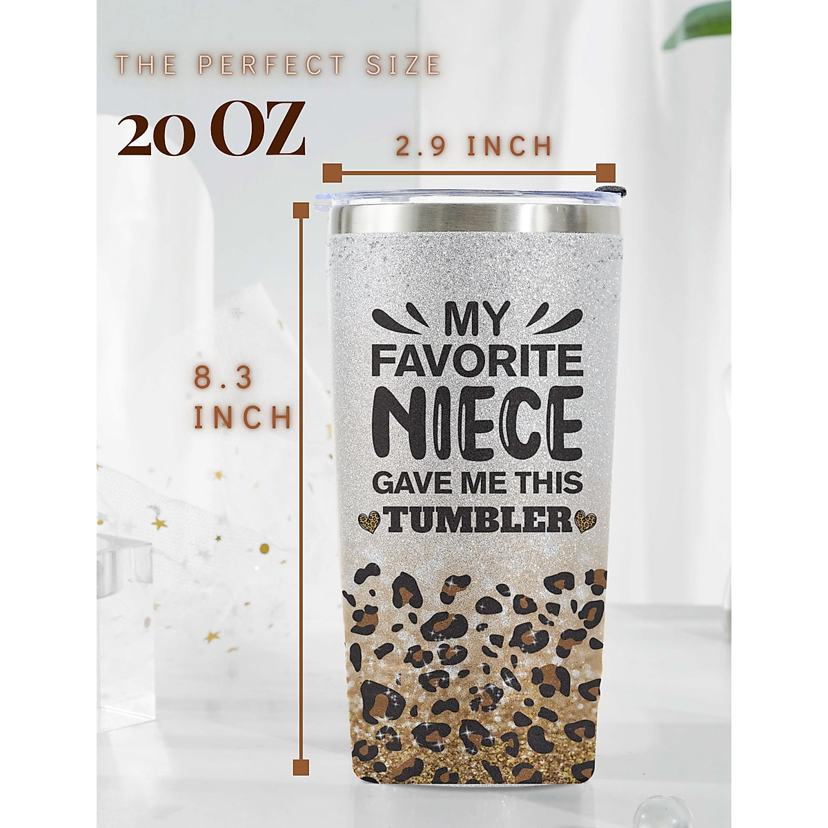 Onebttl Aunt Gifts from Niece, Insulated Stainless Steel Wine Tumbler with Lid and Straw, for Auntie on Mother’s Day, Birthday, Christmas, 20 oz, Gliter Silver, My Favorite Niece gave me this tumbler