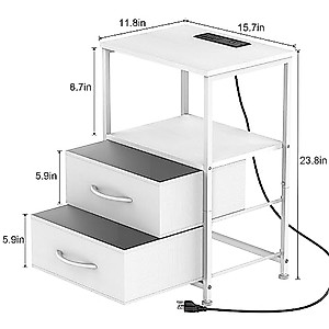 DOMYDEVM White Nightstand with Charging Station Bedroom Night Stand Bedside Table with USB Ports and Outlets Small Side End Table with 2 Fabric Storage Drawers for Living Room Dorm