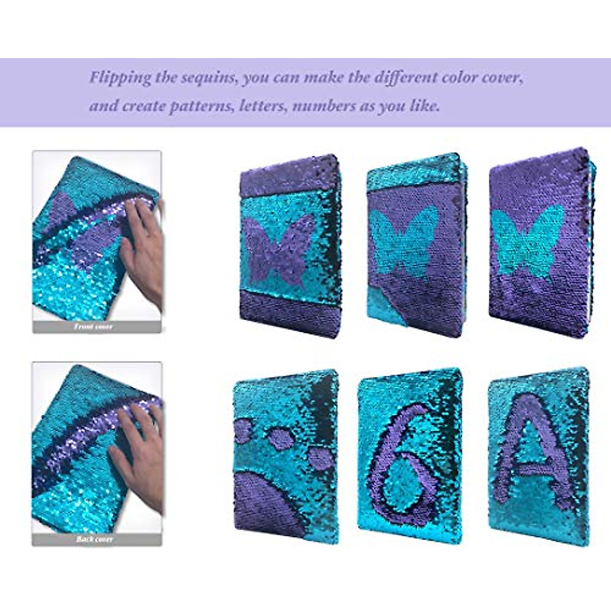GINMLYDA Sequin Girls Journal for Kids, 8.5x5.5 Inches 160 Lined Pages Diary for Girls Butterfly Reversible Flip Sequence Notebook for Teenage Pre School Writing Drawing Travel Gifts (Purple- Blue)