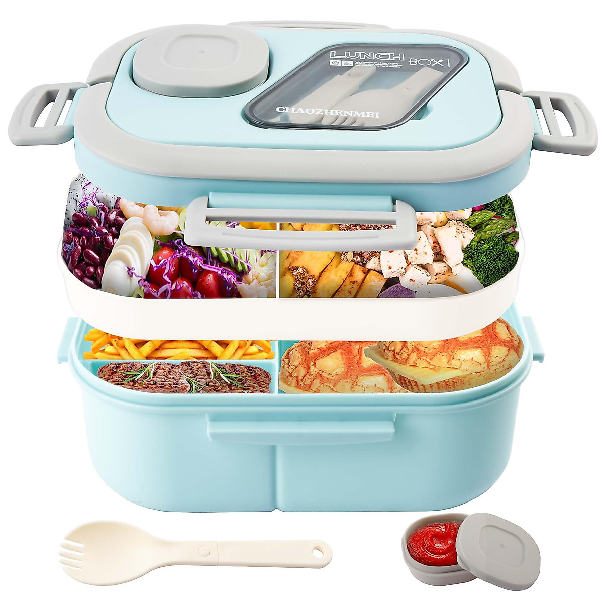 Tinaforld Adults Bento Lunch Box,Salad Container Large 43oz Salad Bowl, Bento-Style Tray for Toppings, 3oz Sauce Container for Dressings, and Built-In Reusable Fork (Blue)