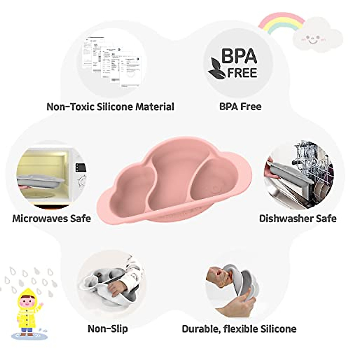Mother's Corn Suction Plate for Baby | Divided Food-Grade 100% Silicone Feeding Bowls and Dishes for Kids, Infants & Toddlers - BPA-Free, Microwave, Dishwasher & Oven Safe | Cloud Design | Pink