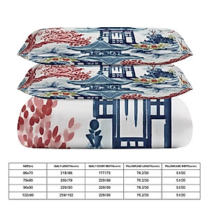 Madcolitote White Blue Coral Chinese Pagoda Duvet Cover Sets King Size Soft 3 Pieces Chinoiserie Asian Inspired Cover with Zipper Bedding Full Set with Pillow Shams