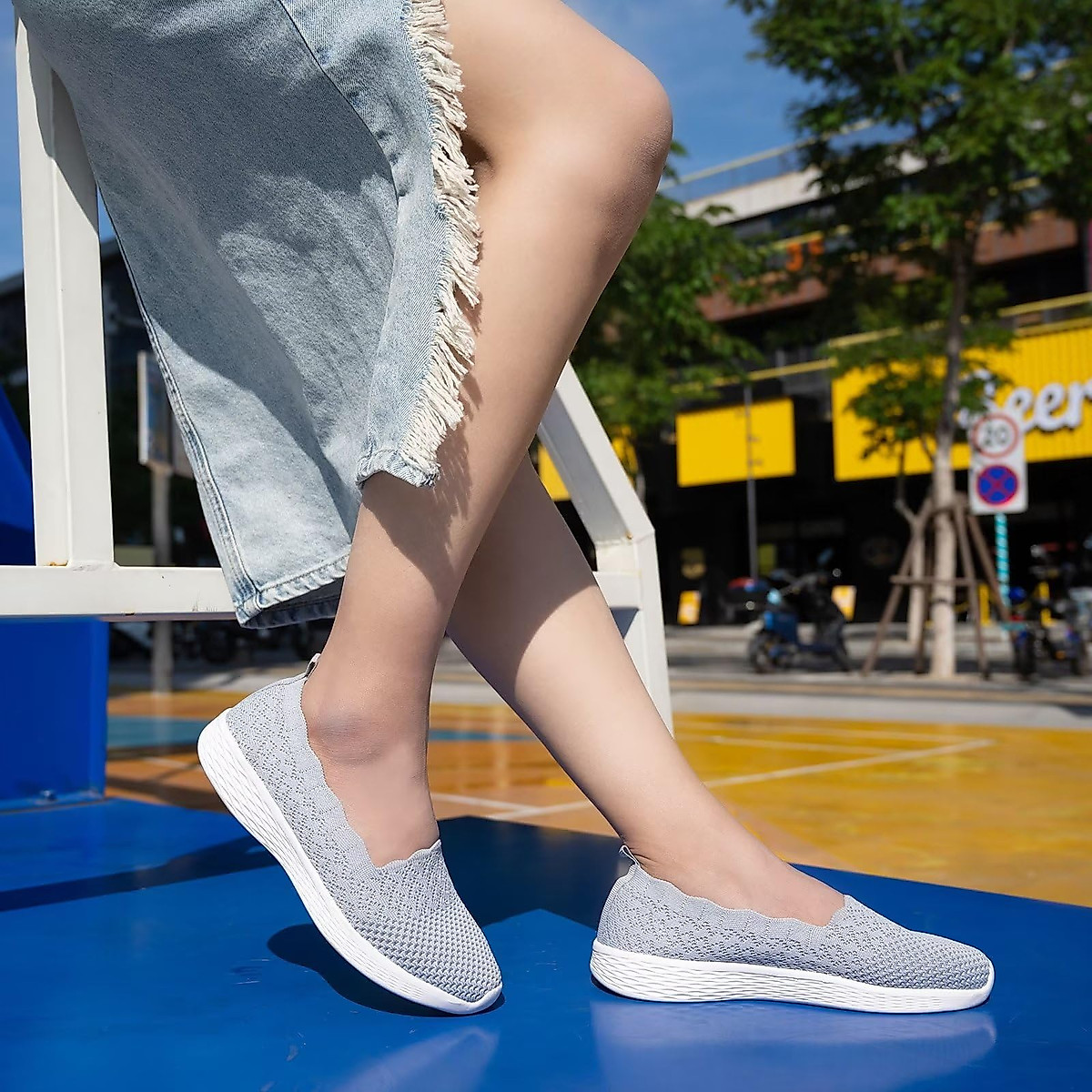 Puxowe Women's Slip on Wide Walking Flat Shoes-Comfortable Low-Top Knit Width Loafer Sneaker Light Gray Size 8 US