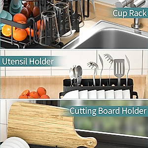 Yeepoo Dish Drying Rack 2 Tier and Triangle Roll-Up Drying Rack Set for Kitchen Counter Come with Cup Rack Utensil Holder Cutting Board Holder Rustproof Stainless Steel Dish Drainer with Drainboard