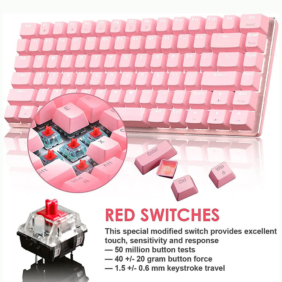 LexonElec Pink Gaming Mechanical Keyboard White Backlit 82 Keys Illuminated Type-C Wired Gaming Keyboard with Red Switches for Computer Gamers (Pink)