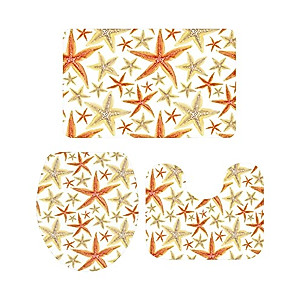 Ocean Starfish Bathroom Rugs Mat Sets 3 Piece, Bath Shower Rugs with U-Shaped Contour Toilet Mat, Orange Yellow Summer Beach Coastal Nautical Small Absorbent Bathtub Runner Rugs Floor Mats