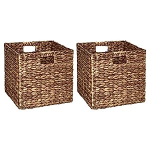 IsVie Woven Hyacinth Storage Baskets 2 Pack, Rectangle Storage Container Organizer Baskets with Built-in Handles Home Organizing Laundry Organizer Cube Baskets (Brown, Set of 2)