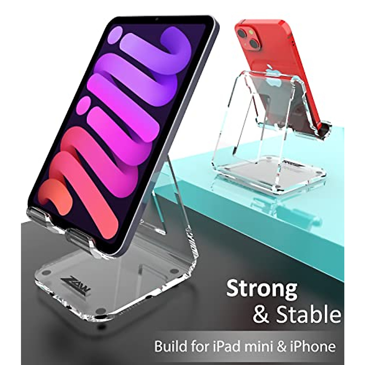 ZAW Acrylic Cell Phone Stand, Office Desk Accessories Clear Phone Stand for Desk, 4MM Acrylic Phone Holder, Compatible with iPhone 14 Pro, Samsung S21 S20 Smartphones (1xPack)