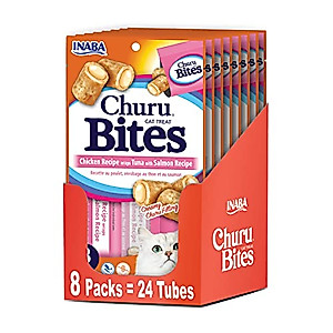 INABA Churu Bites for Cats, Grain-Free, Soft/Chewy Baked Chicken Wrapped Churu Filled Cat Treats with Vitamin E, 0.35 Ounces Each Tube| 24 Tubes Total (3 per Pack), Tuna with Salmon Recipe