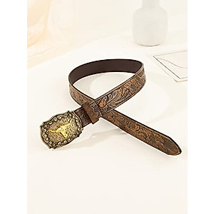 Verdusa Women's Vintage Western Leather Buckle Belt Yellow Brown Cattle 70