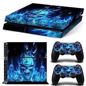 Gam3Gear Vinyl Sticker Pattern Decals Skin for PS4 Console & Controller (NOT for PS4 Slim / PS4 Pro) - Blue Flame Skull