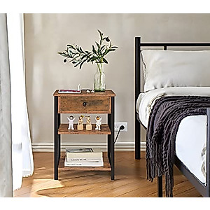 Iwell Nightstand Set of 2 with Charging Station and USB Ports & Outlets, End Table with Drawer & Storage Shelf, Side Table for Bedroom, Rustic Brown