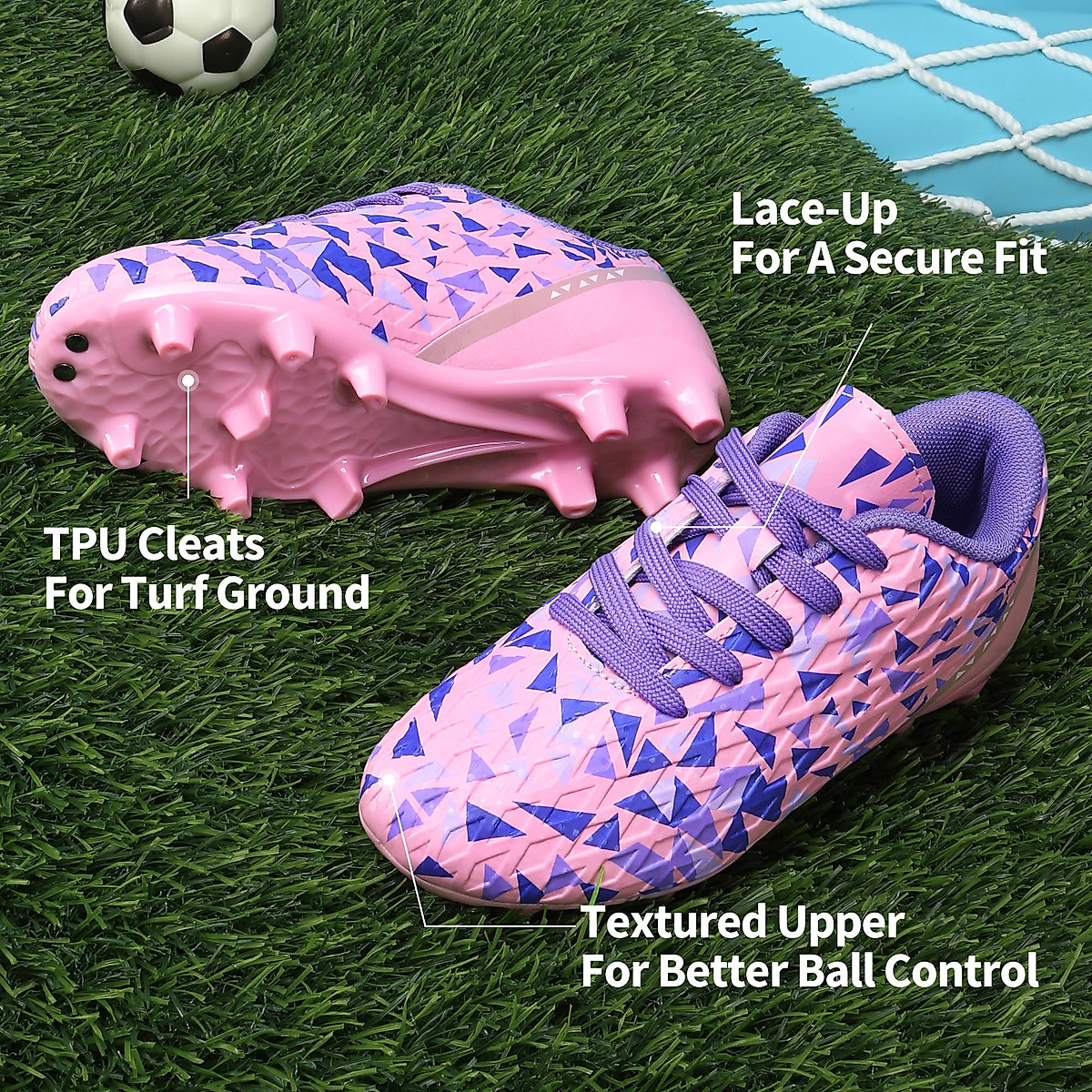 DREAM PAIRS Boys Girls Soccer Cleats Youth Firm Groud Athletic Outdoor Trainning Football Shoes for Little/Big Kid,Size 2 Little Kid,Pink/Purple,HZ19003K