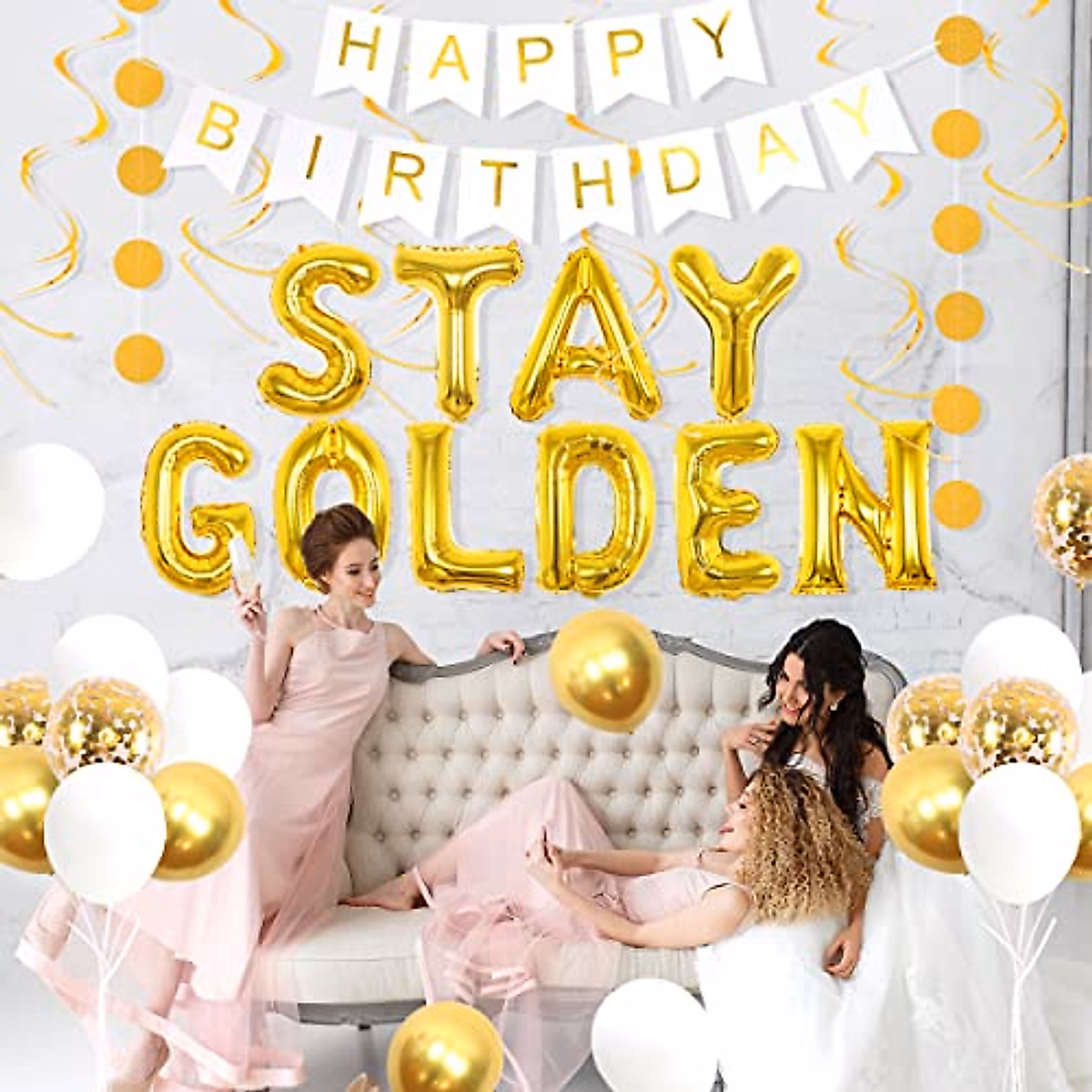 Stay Golden Birthday Party Decoration Happy Birthday Banner Decoration Happy Golden Birthday Cake Topper Stay Golden Balloons Sash for Boy Girl Adults Gold Hanging Swirl Circle Dots Garland Decor