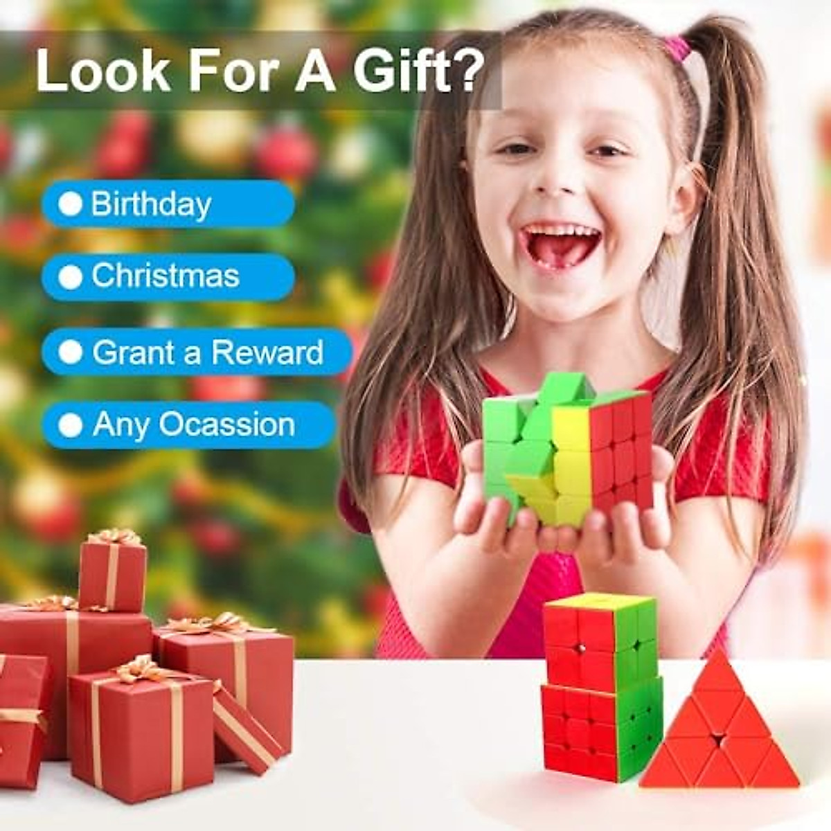 Roxenda Speed Cube Set, Speed Cube Bundle of 2x2 3x3 Pyramid Cube and Magic Rainbow Ball Smoothly Magic Cubes Collection for Kids Teens & Adults [4 Pack] (Stickerless)