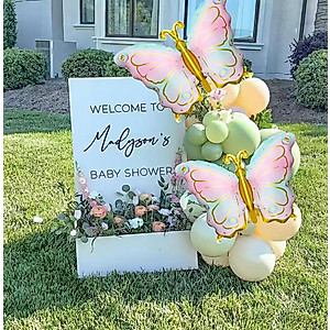 2Pcs Big Butterfly Balloons Pastel Pink Butterfly Foil Mylar Balloon,Colorful Butterfly Themed Baby Shower Girl Birthday Party,Wedding Summer Party Decorations Supplies(Light Pink Gradient Gold)