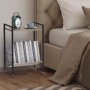 NOVIMANGO Record Player Stand with Storage, Vinyl Player Stand 2 Tier Vinyl Record Storage with Wheels Turntable Stand with Metal Frame Industrial Record Player Cabinet for Bedroom Office, Gray