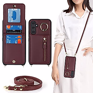Jaorty Samsung Galaxy A54 5G Phone Case for Women with Card Holder,Samsung A54 Case Wallet Crossbody Lanyard with Strap,Credit Card Slots Kickstand Case with Ring Holder,6.4 Inch,Burgundy