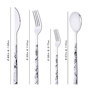 Uniturcky 16-Piece Silverware Set with Dessert Fork, Stainless Steel Flatware Cutlery Set for 4, Mirror Finish Tableware Utensil Set, Marble Texture Handle, Include Knife Fork Spoon(White & Silver)