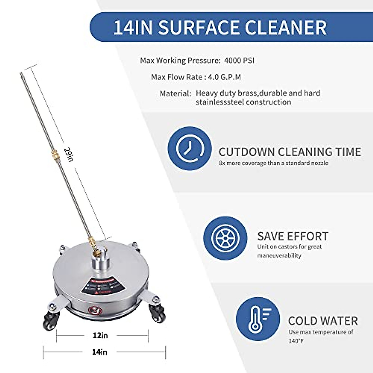 Biswing 14" Pressure Washer Surface Cleaner with 4 Wheels, Stainless Steel Power Washer Accessory for Driveways Sidewalks Patios Cleaning, 1/4" Quick Connector, 2 Extension Wand Attachments, 4000 PSI