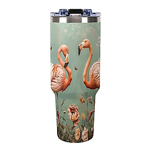 40 Oz Oil Painting Flamingos Insulated Stainless Steel Tumbler with Handle & Straw Lid, Reusable Travel Cupholder Friendly Mug for Coffee, Water, Tea