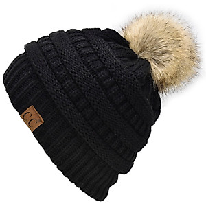 C.C Trendy Fuzzy Sherpa Fleece Lined Warm Soft Stretch Cable Knit Faux Fur Pom Pom Skull Cap Cuff Beanie Hat